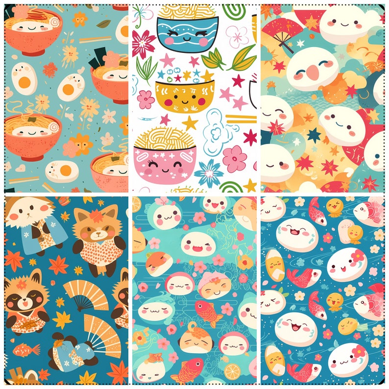 Japanese Kawaii Seamless Patterns for Digital Paper Cute Chibi Anime ...