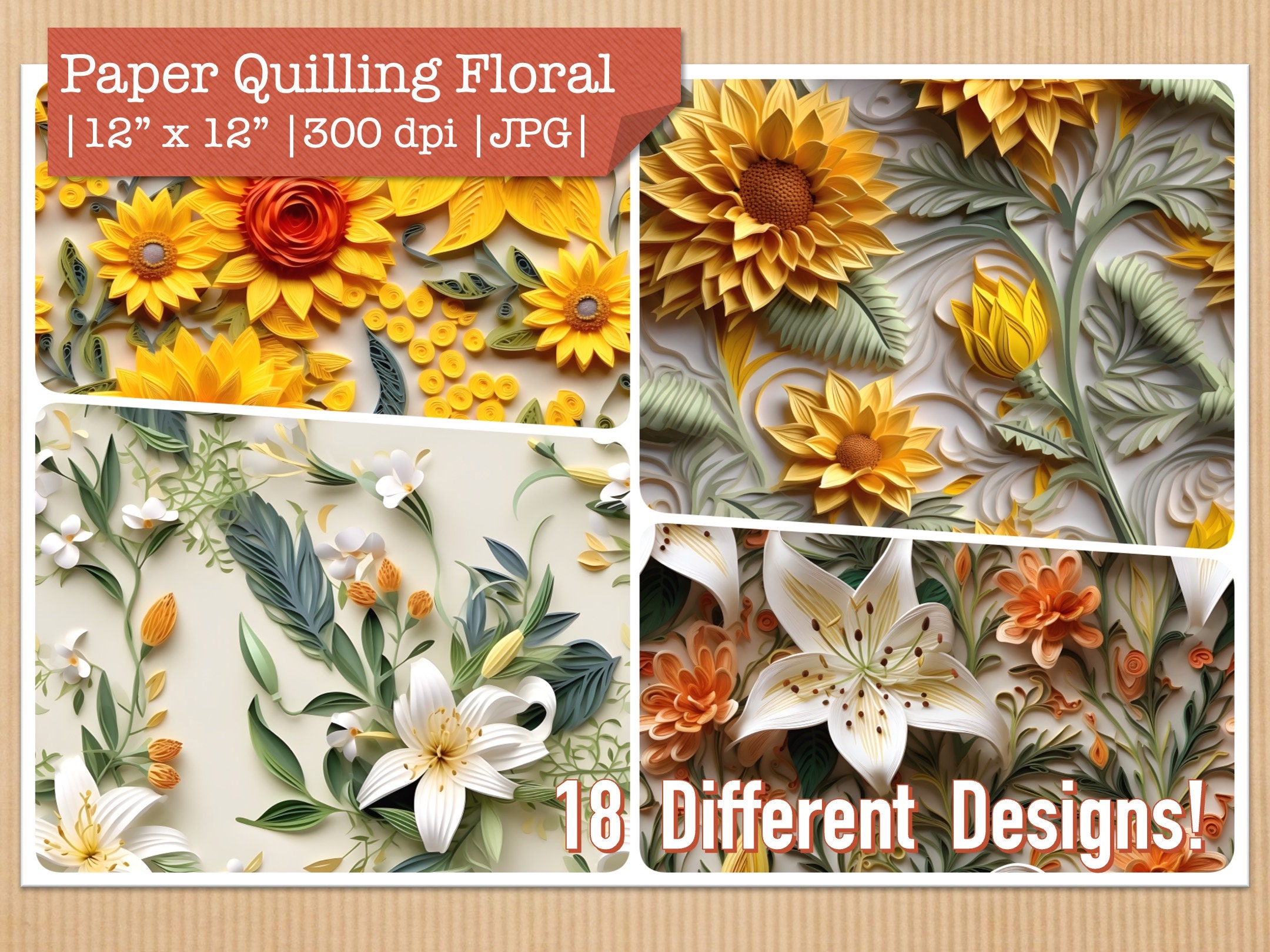 18 Paper Quilling Floral Background, Seamless Pattern, Instant Download ...