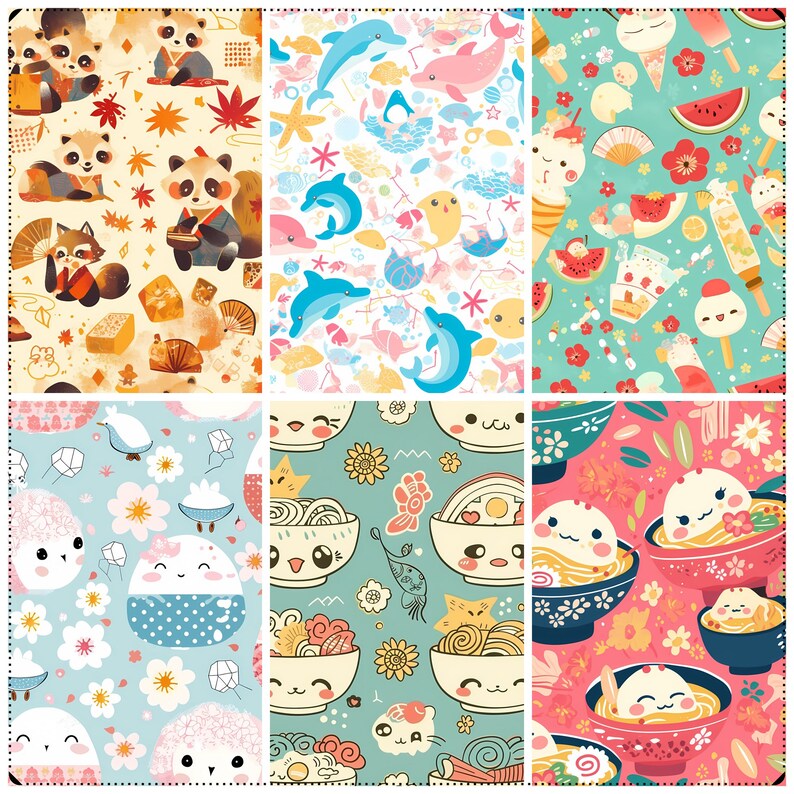 Japanese Kawaii Seamless Patterns for Digital Paper Cute Chibi Anime ...