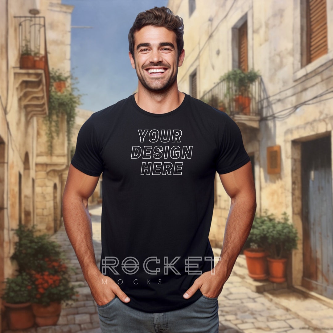 Mockup T-shirt Old Town Backdrop Black Bella Canvas 3001 Tshirt Men's ...
