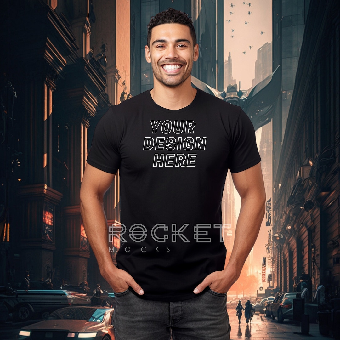 Mockup T-shirt Futuristic Backdrop Black Bella Canvas 3001 Tshirt Men's ...