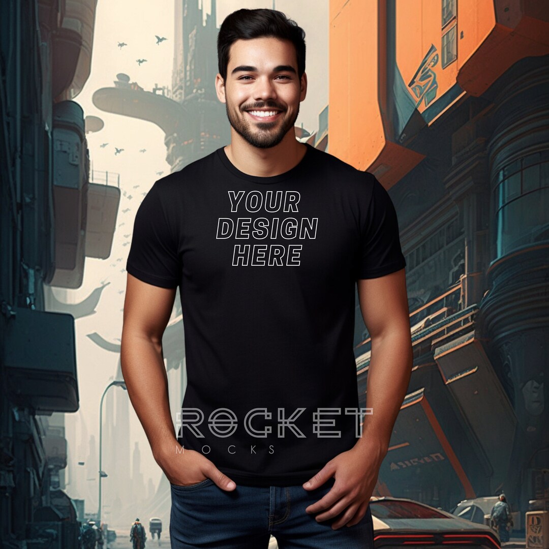 Mockup T-shirt Futuristic Backdrop Black Bella Canvas 3001 Tshirt Men's ...