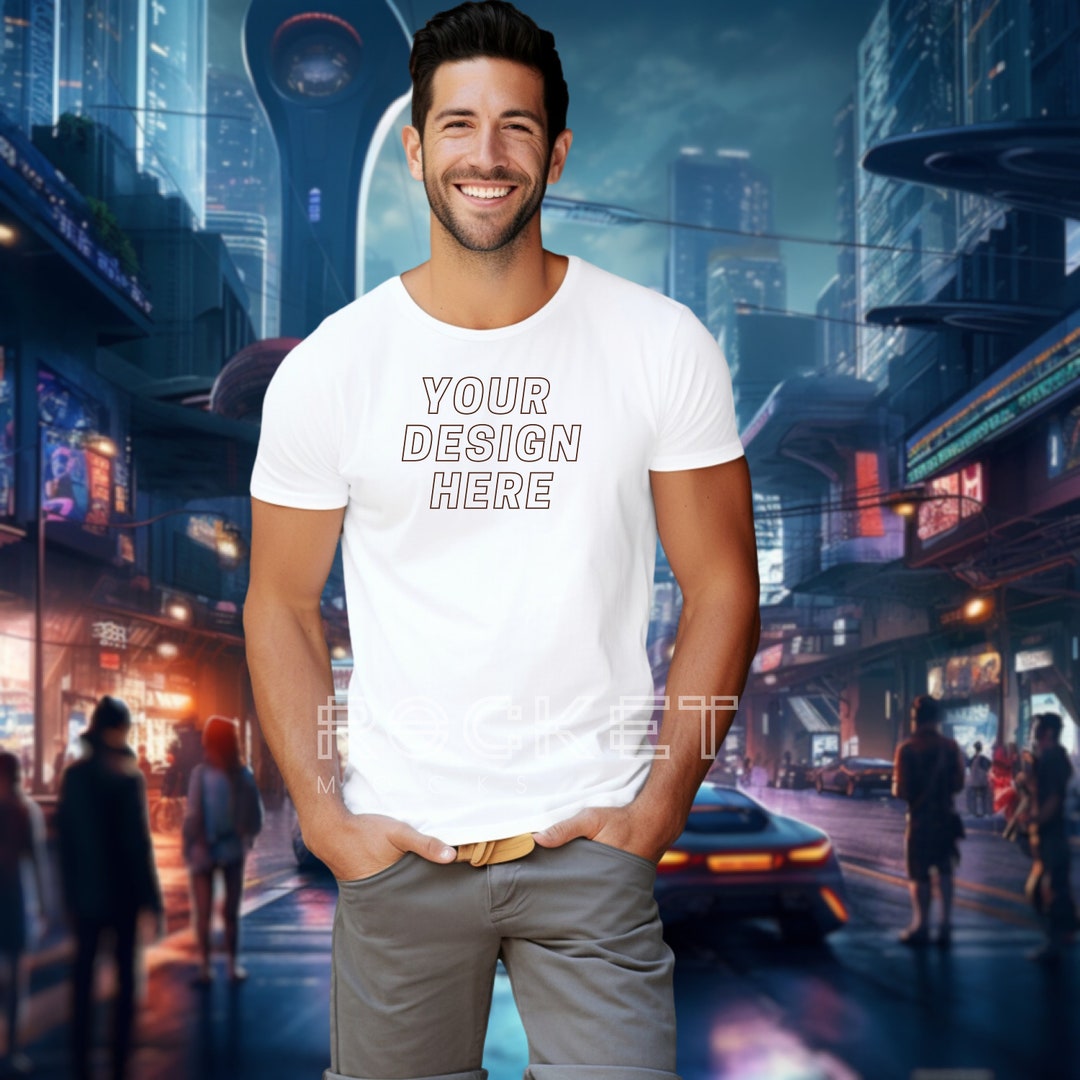 Mockup T-shirt Futuristic Backdrop White Bella Canvas 3001 Tshirt Men's ...