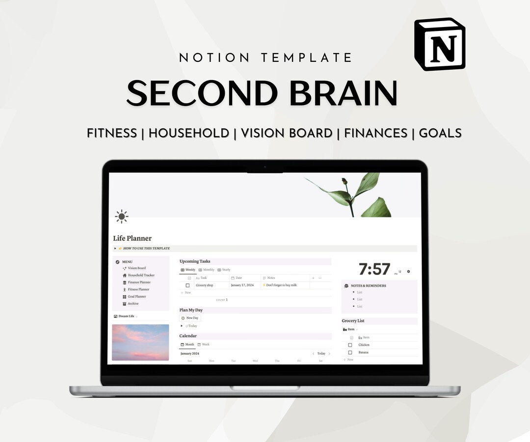 Notion Second Brain Template Aesthetic Notion Life Planner Productivity ...