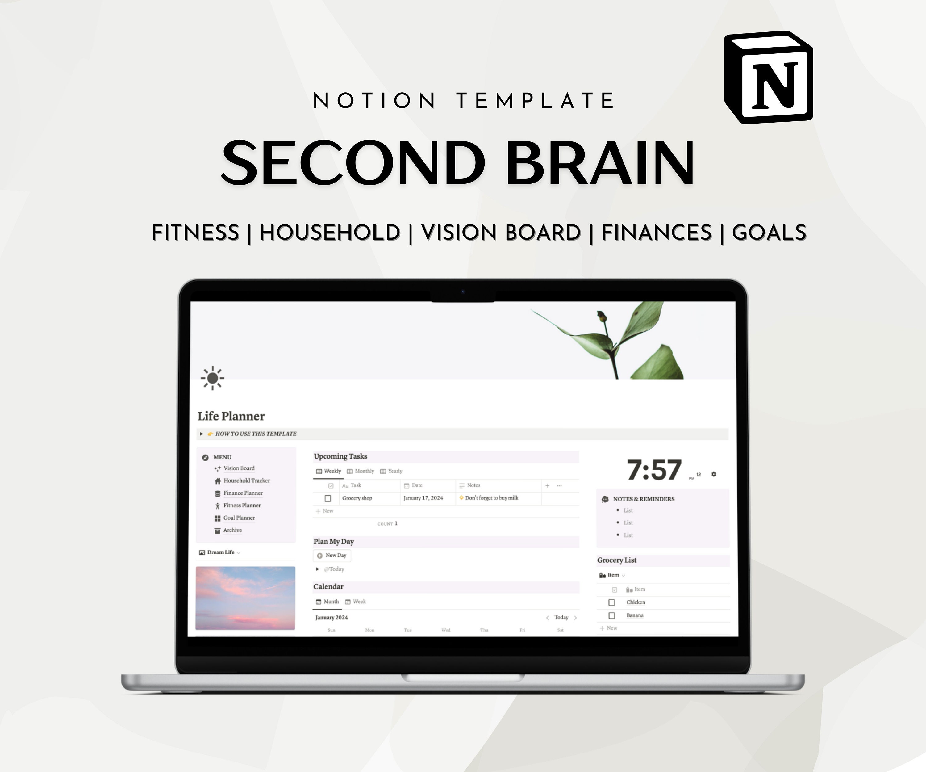 Notion Second Brain Template Aesthetic Notion Life Planner Productivity Goals Tracker Task ...