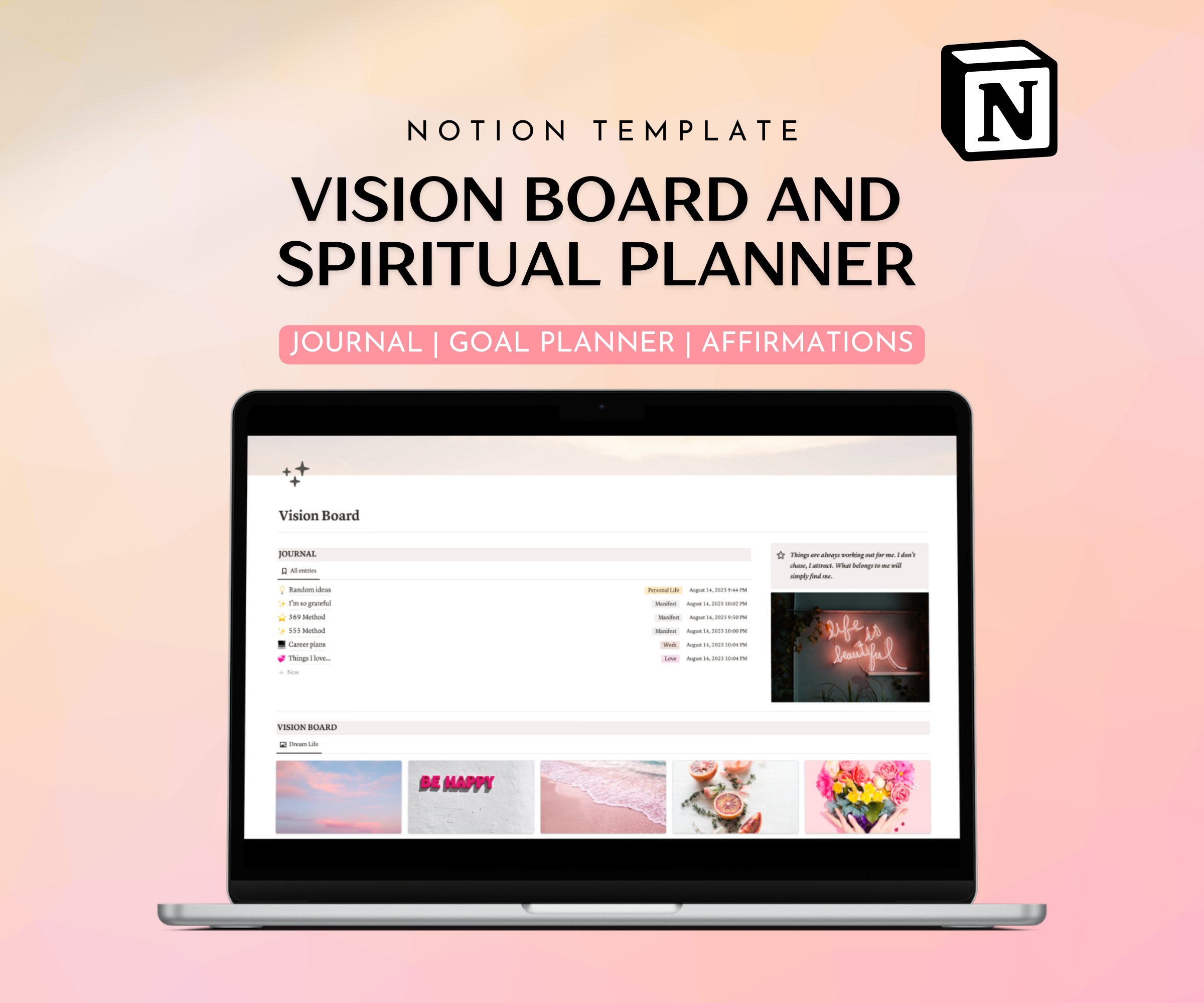 Notion Vision Board Planner Manifestation Plan Gratitude Log Template ...