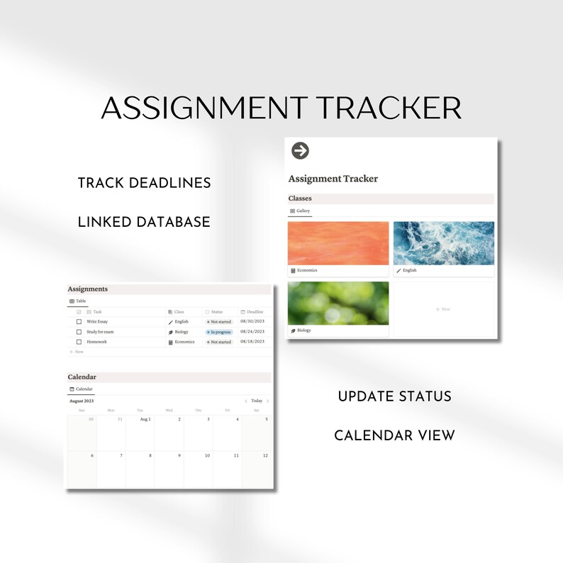 Minimal Notion Student Assignment Planner, Academic Notion Calendar ...