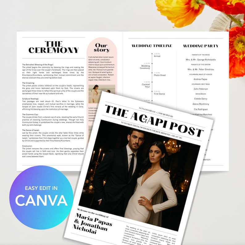 Greek Orthodox Wedding Newspaper Program Template | Editable in Canva ...