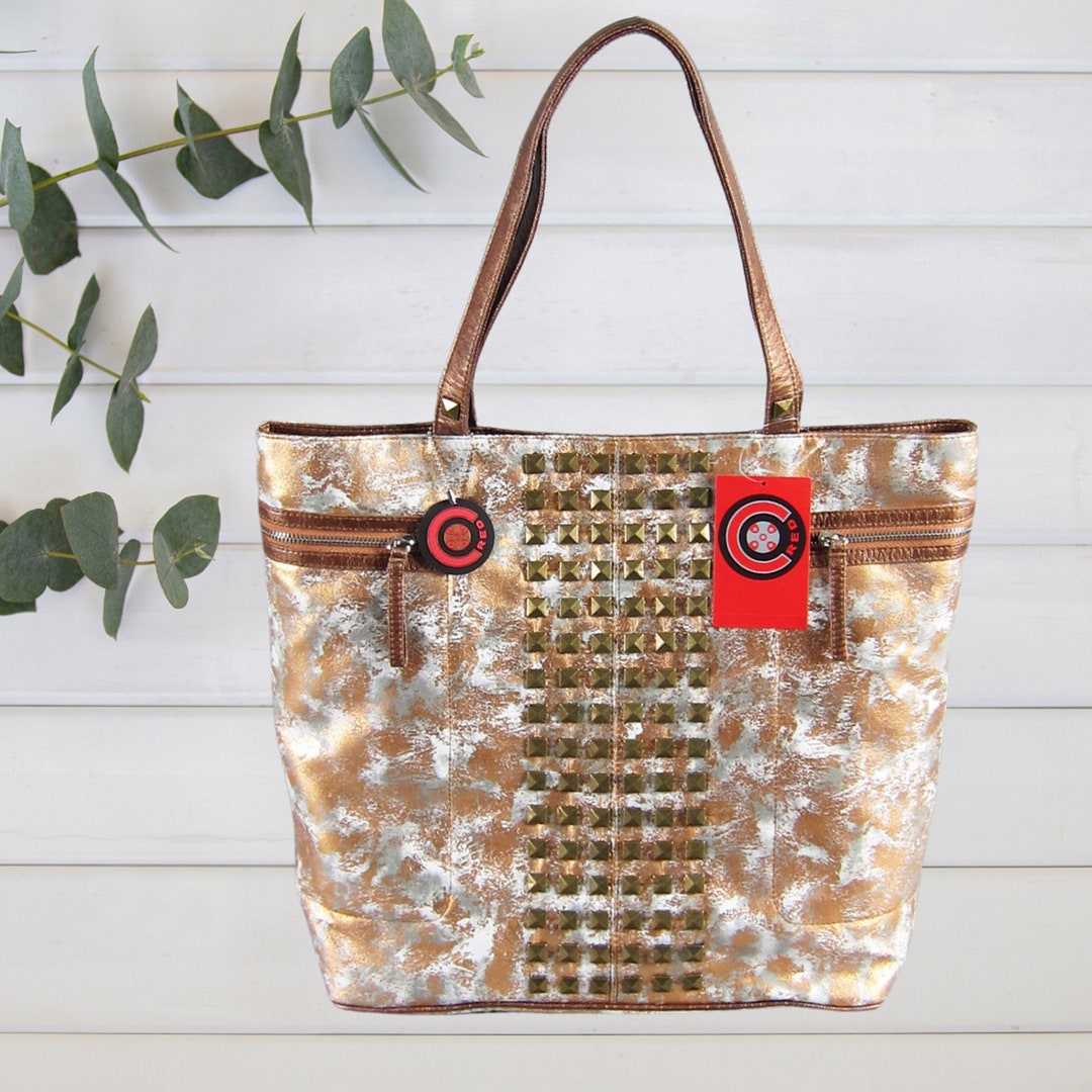 Studded Faux Leather Tote Bag: Patina Bronze Metallic Pyramid ...