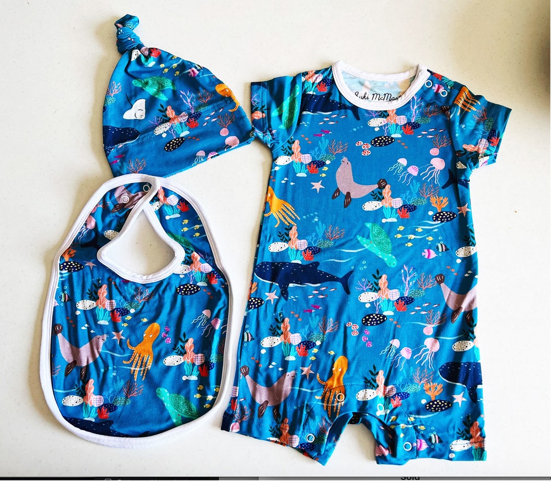 3 Pc Newborn Baby Gift Set Ocean Print Bamboo Baby Onesie,bib & Knot ...