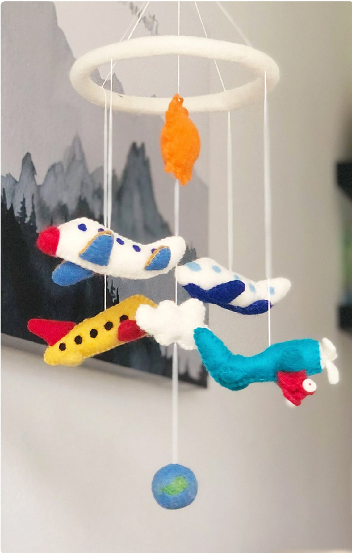 Adorable Airplane Mobile for Nursery Handmade Natural Wool Felt-made in ...