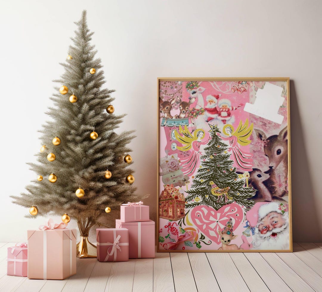 Pink Christmas Print Vintage Christmas Wall Art Poster Holiday Merry ...