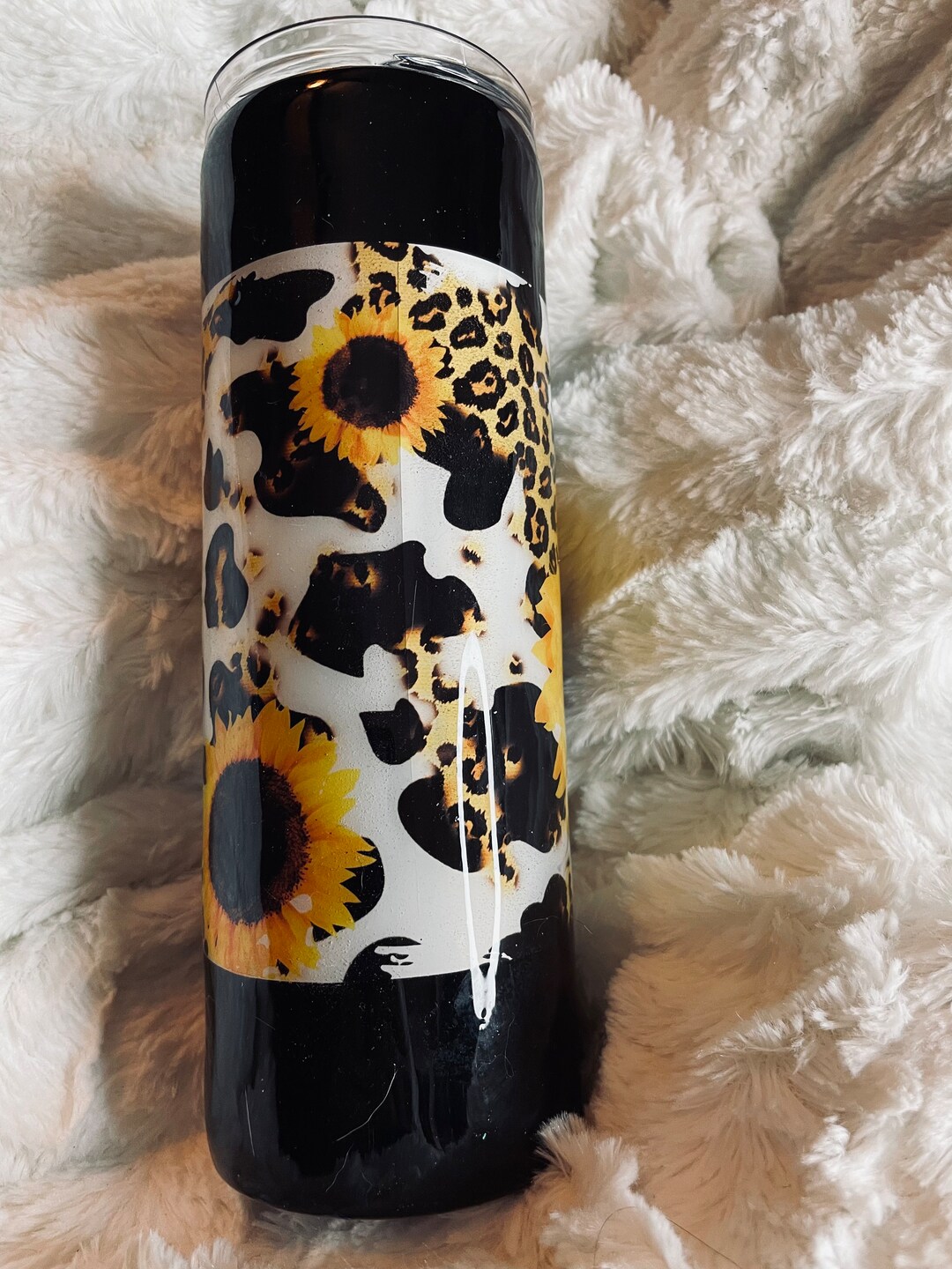 20oz Skinny Tumbler , Epoxy Tumbler / Cow Hide and Yellow Sunflower ...