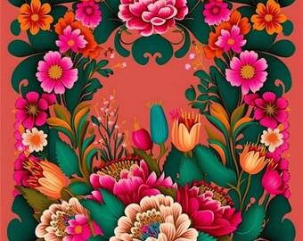 Mexican Flowers Watercolor Vibrant Floral Clipart-unique Otomi Floral ...