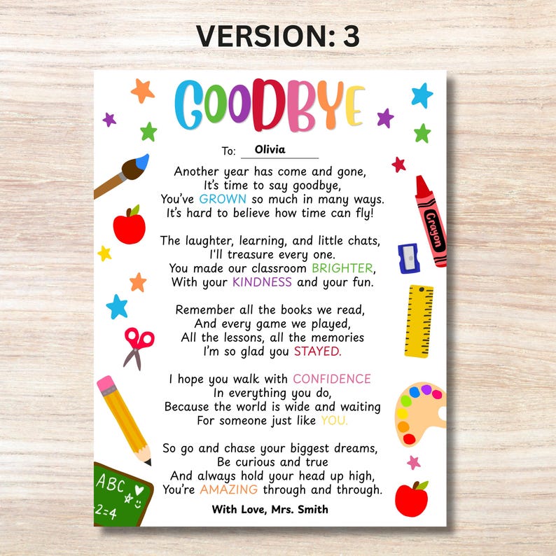 EDITABLE End of School Year Letter for Students, Goodbye Letter From ...