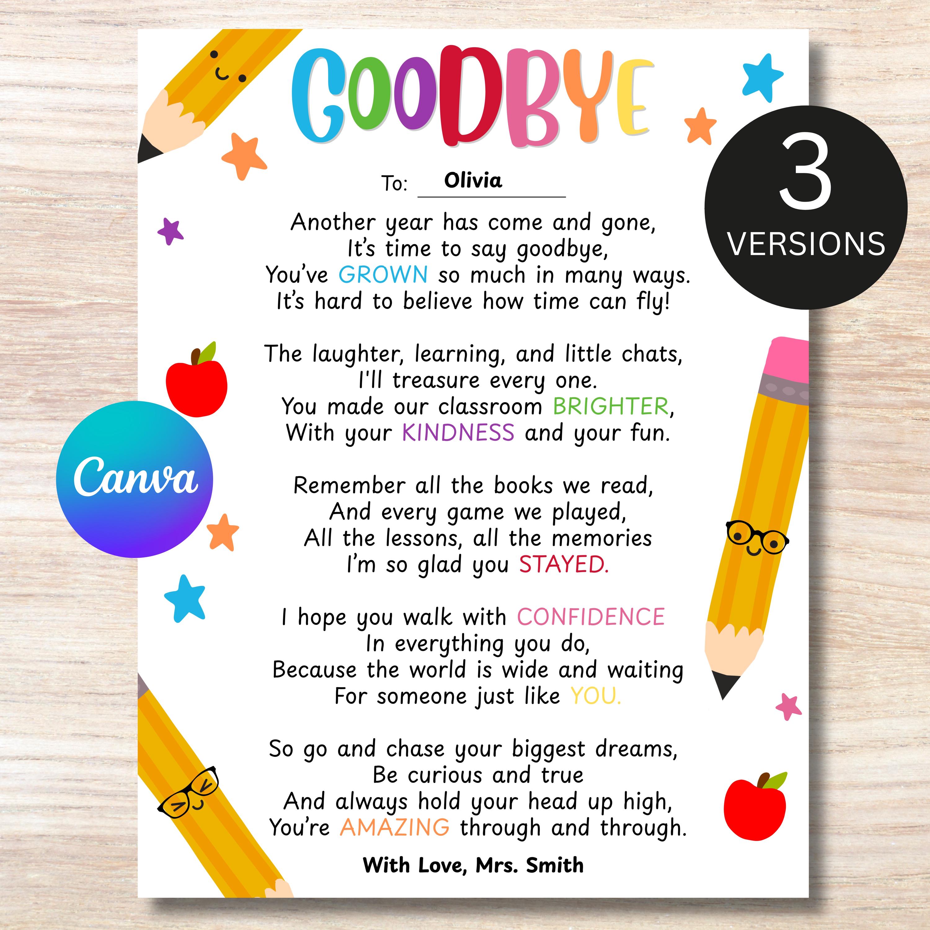 EDITABLE End of School Year Letter for Students, Goodbye Letter From ...