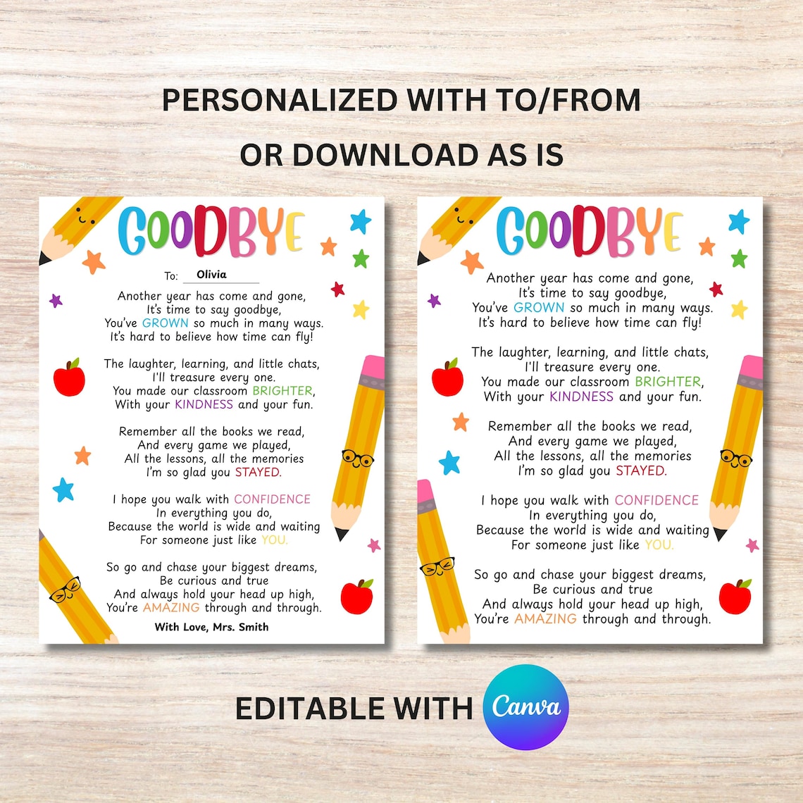 EDITABLE End of School Year Letter for Students, Goodbye Letter From ...