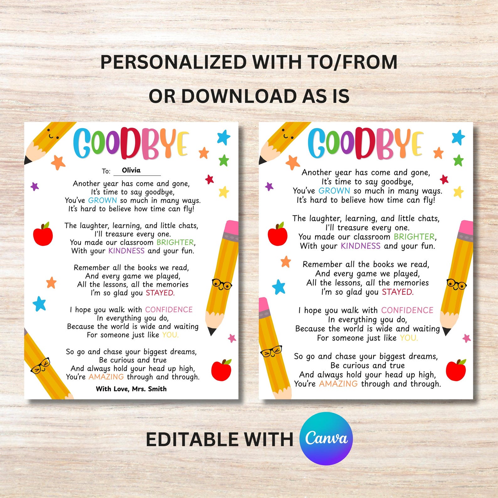 EDITABLE End of School Year Letter for Students, Goodbye Letter From ...