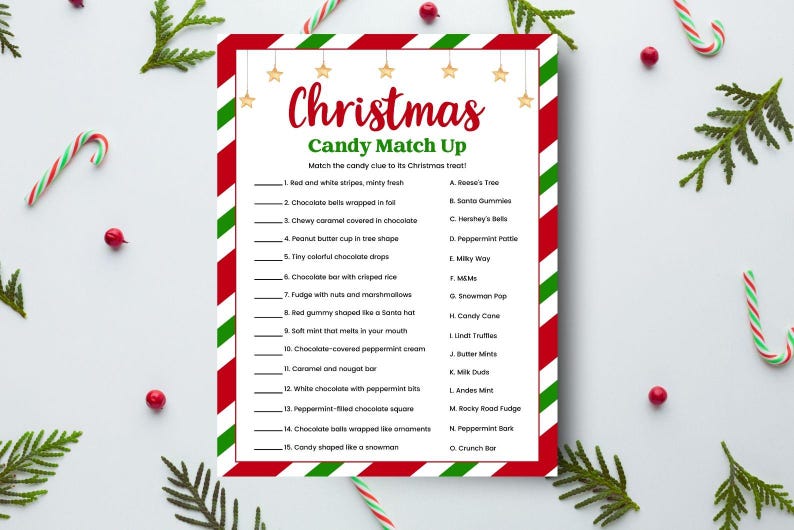 Christmas Candy Match up Game, Printable Christmas Games for Kids and ...