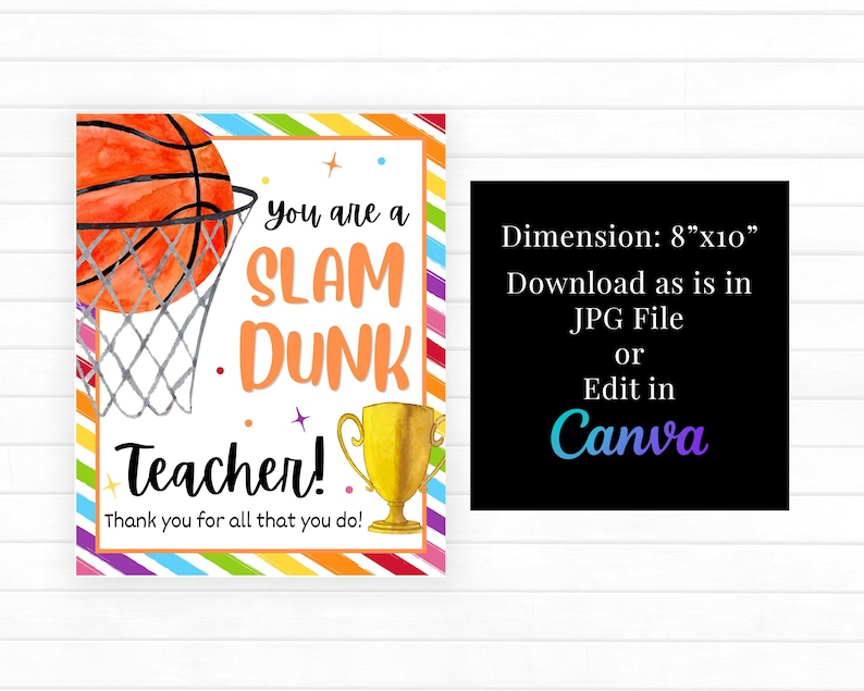 EDITABLE Basketball Teacher Appreciation Sign, Slam Dunk Teacher ...