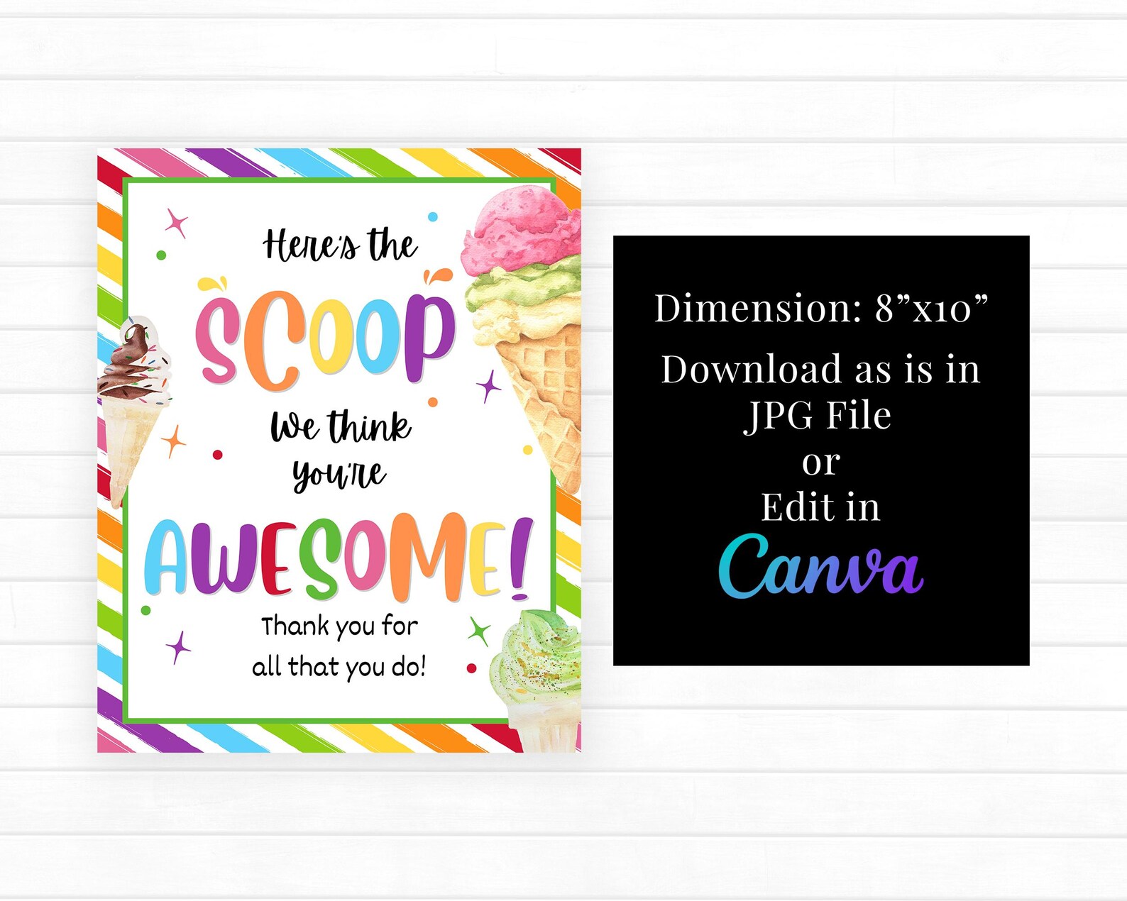 EDITABLE Ice Cream Teacher Appreciation Sign, Here's the Scoop Teacher ...