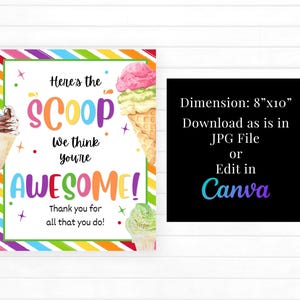 EDITABLE Ice Cream Teacher Appreciation Sign, Here's the Scoop Teacher ...