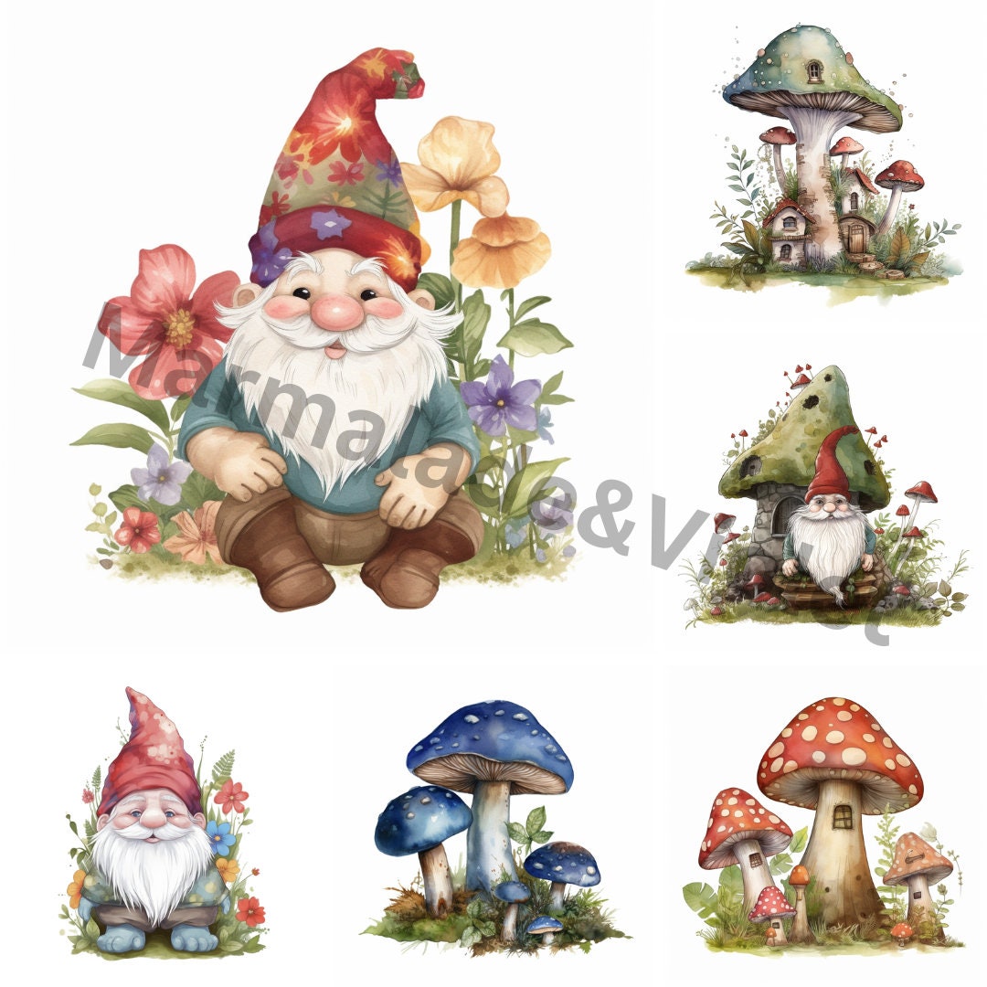 Fun &amp; Whimsical Garden Gnome Clipart -bundle of 20 Gnomes, Toadstools ...