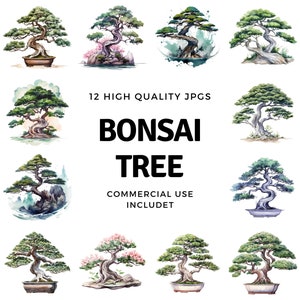 Bonsai Tree Clipart - 12 High Quality Jpgs - Instant Download - Card Making, Invitations ...
