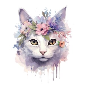 Floral White Cat Watercolor Clipart - Floral Feline Portraits, PNG ...