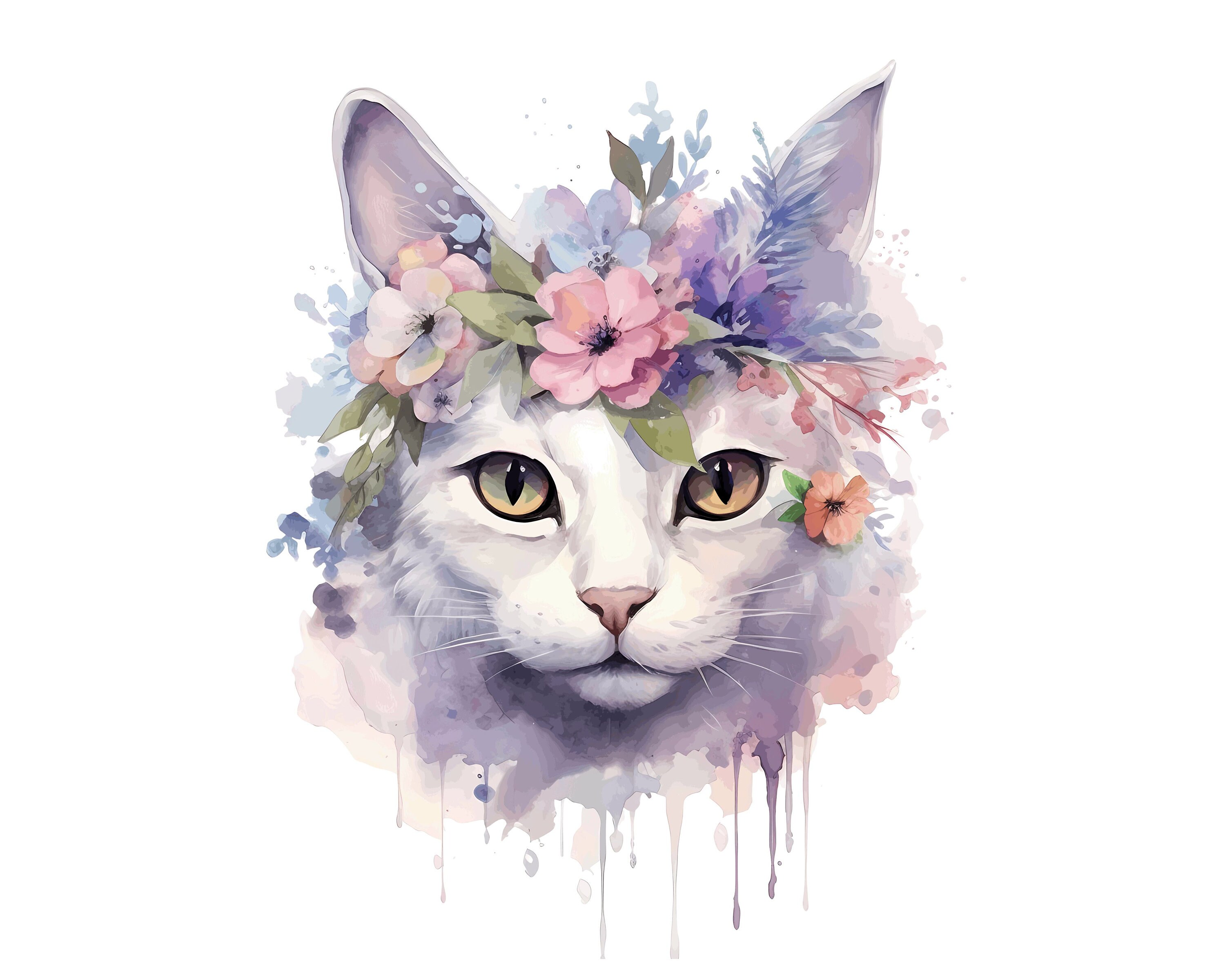 Floral White Cat Watercolor Clipart Floral Feline Portraits, PNG Images ...