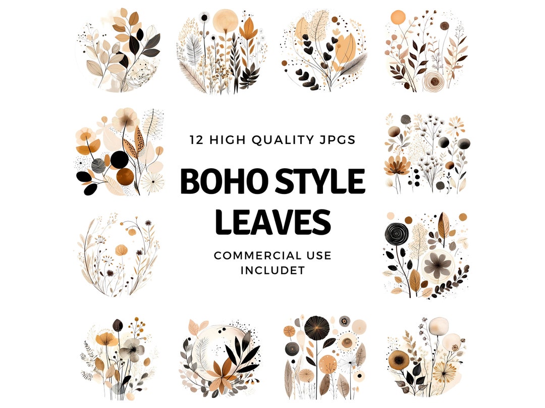 Boho Style Leaves Clipart - 12 High Quality Jpgs - Instant Download ...