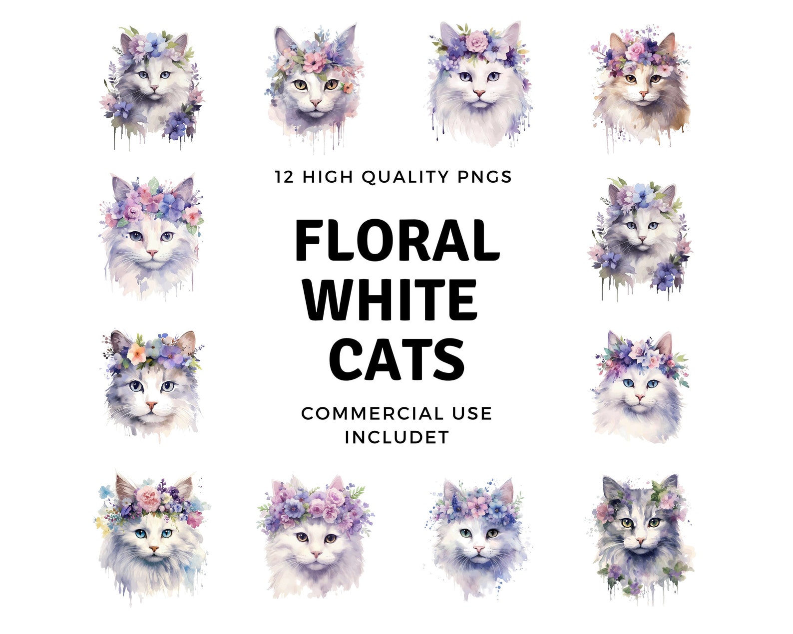 Floral White Cat Watercolor Clipart Floral Feline Portraits, PNG Images ...