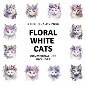 Floral White Cat Watercolor Clipart - Floral Feline Portraits, PNG ...