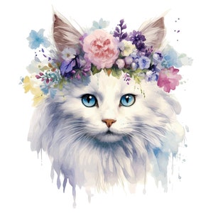 Floral White Cat Watercolor Clipart - Floral Feline Portraits, PNG ...