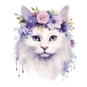 Floral White Cat Watercolor Clipart - Floral Feline Portraits, PNG ...