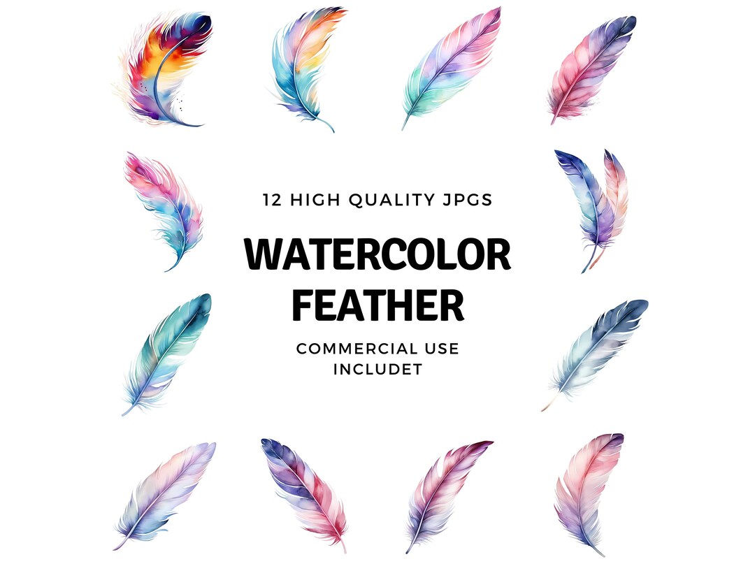 Watercolor Feather Clipart - 12 High Quality Jpgs - Instant Download ...