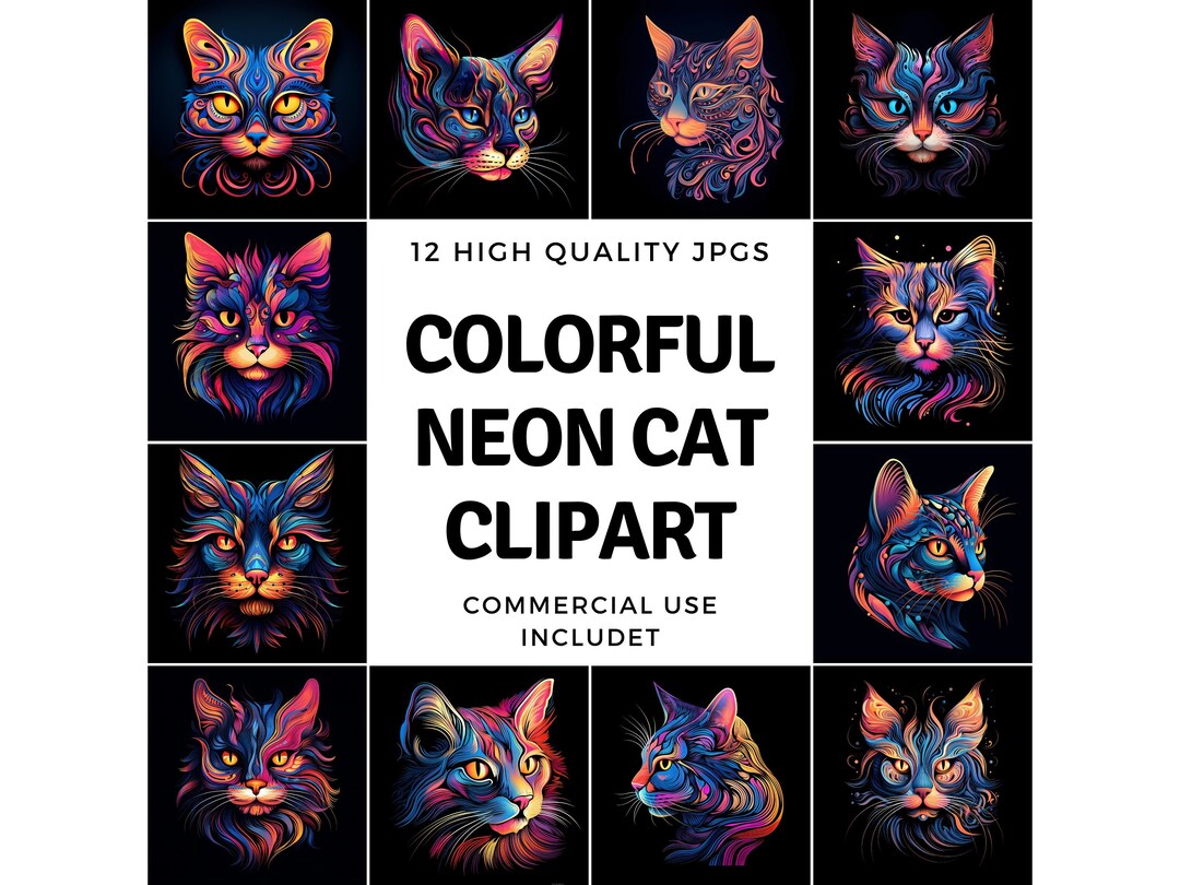 Colorful Neon Cat Clipart - 12 High Quality Jpgs - Instant Download ...