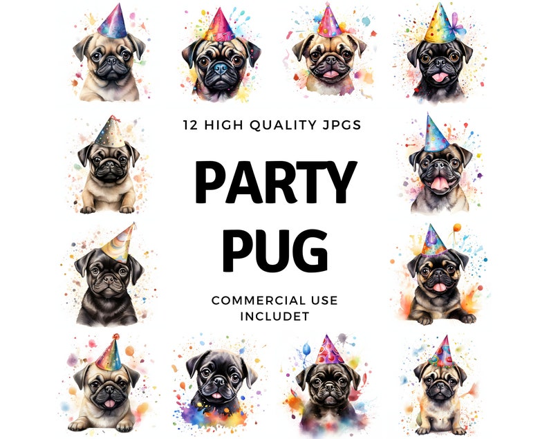 Party Pug Clipart - 12 High Quality Jpgs - Instant Download - Card ...