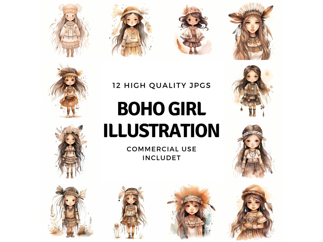 Boho Girl Illustration Clipart - 12 High Quality Jpgs - Instant ...