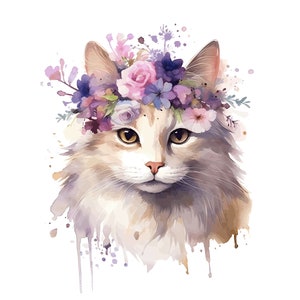 Floral White Cat Watercolor Clipart - Floral Feline Portraits, PNG ...