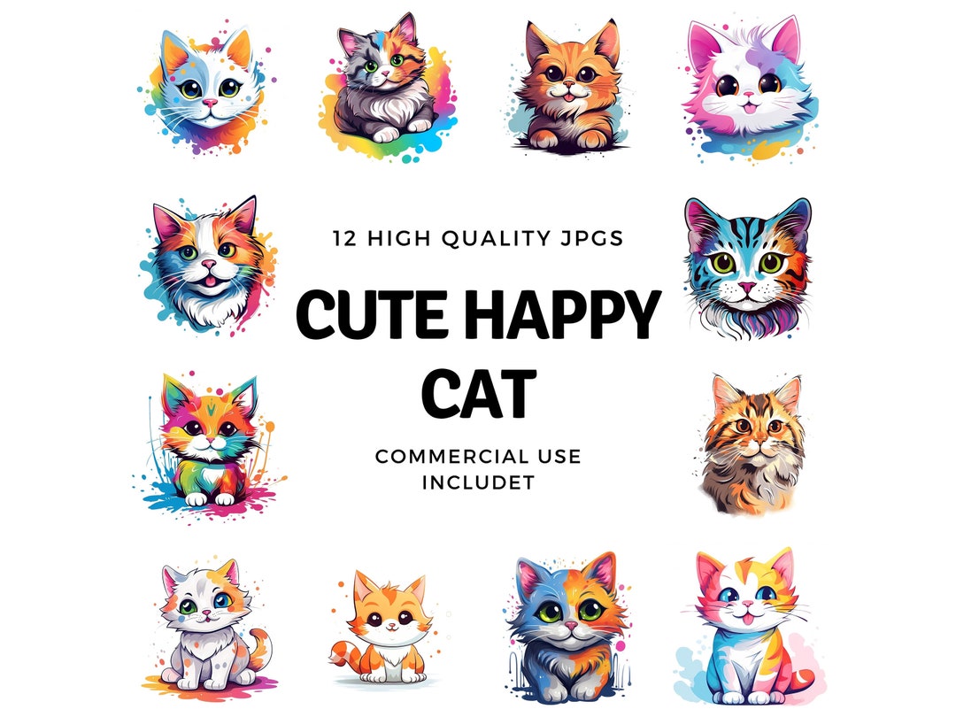 Cute Happy Cat Clipart - 12 High Quality Jpgs - Instant Download - Card ...