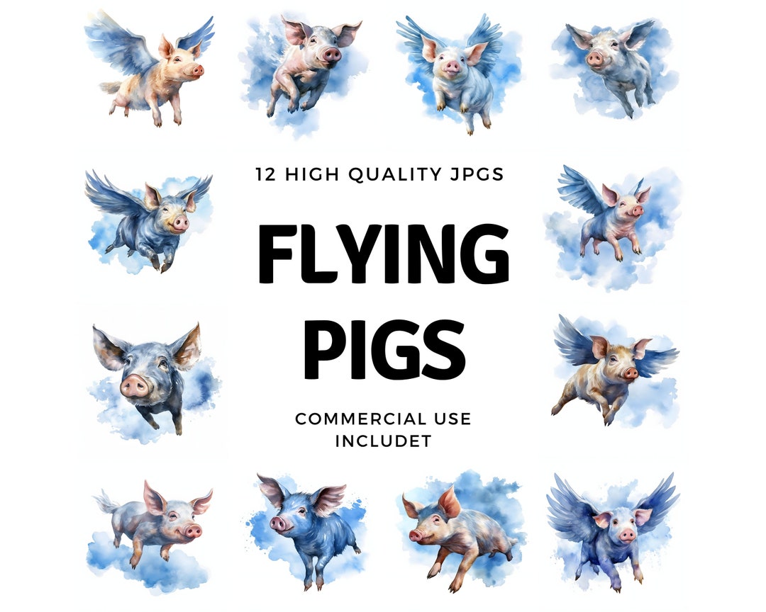 Flying Blue Pig Clipart - 12 High Quality Jpgs - Instant Download ...