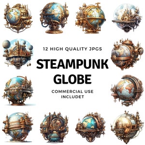 Steampunk Globe Clipart - 12 High Quality Jpgs - Instant Download - Card Making, Invitations ...