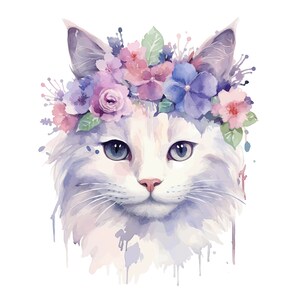 Floral White Cat Watercolor Clipart - Floral Feline Portraits, PNG ...