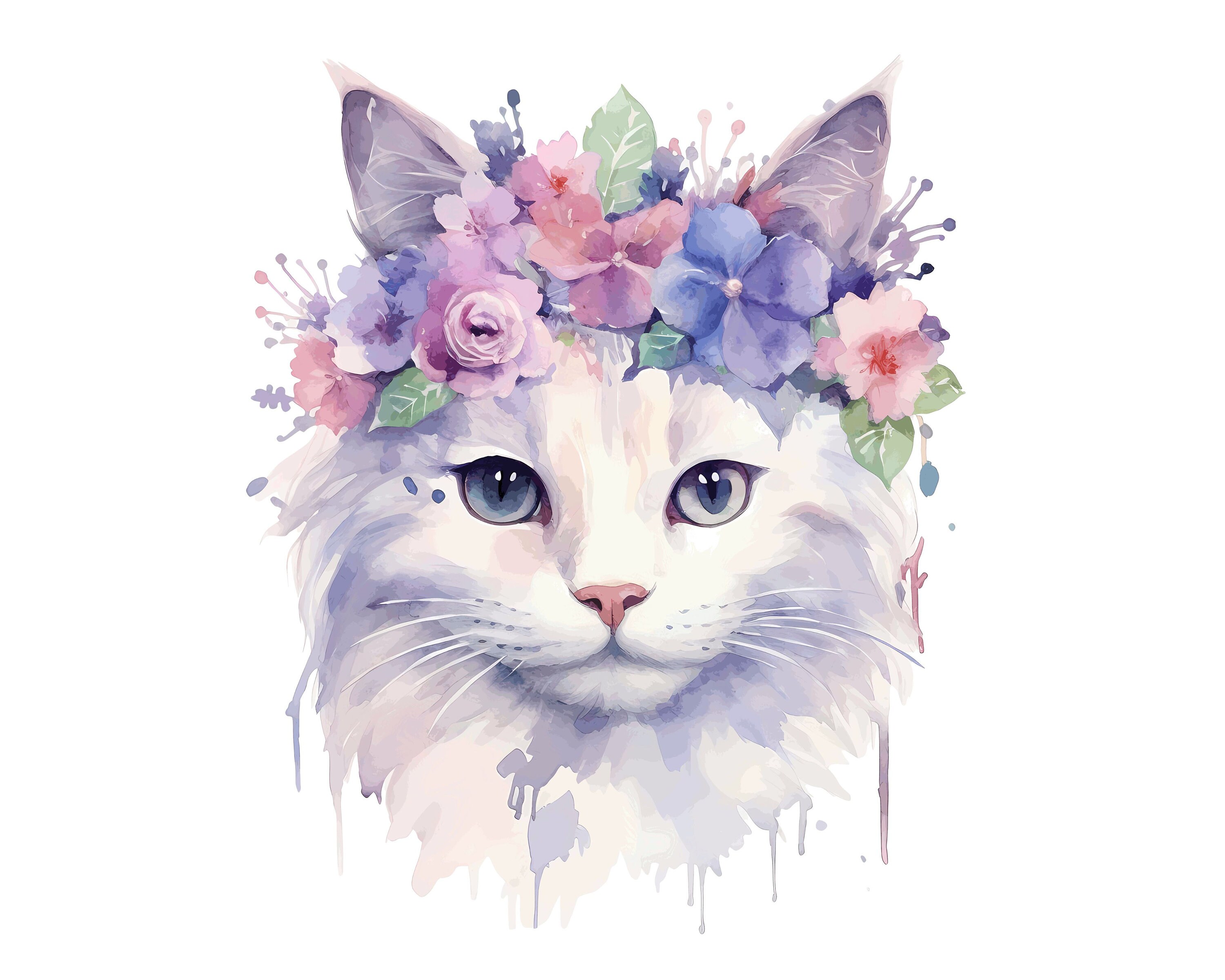 Floral White Cat Watercolor Clipart Floral Feline Portraits, PNG Images ...