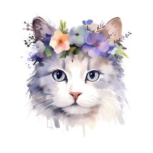 Floral White Cat Watercolor Clipart - Floral Feline Portraits, PNG ...
