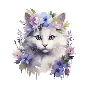 Floral White Cat Watercolor Clipart - Floral Feline Portraits, PNG ...