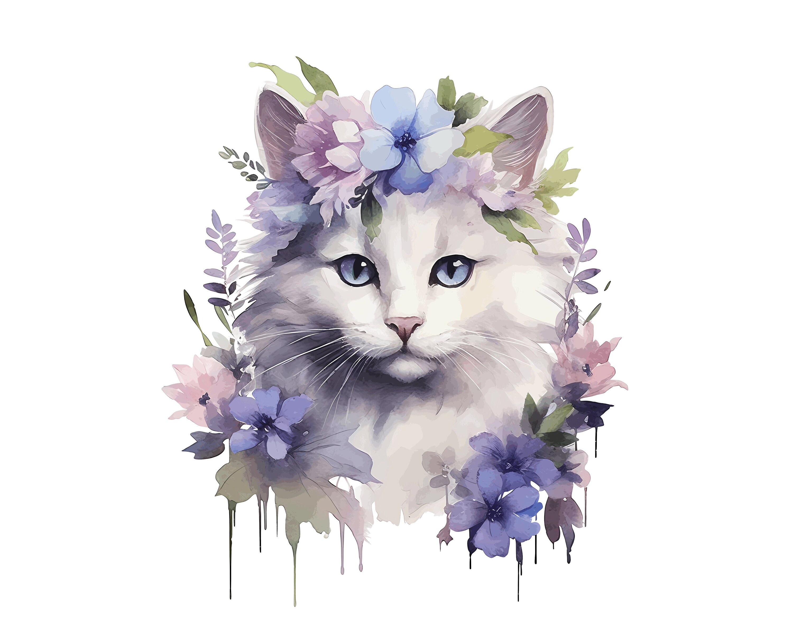 Floral White Cat Watercolor Clipart Floral Feline Portraits, PNG Images ...