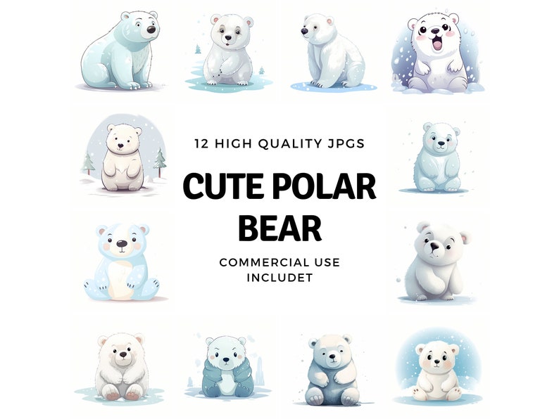 Cute Polar Bear Clipart 12 High Quality Jpgs Instant Download Card ...