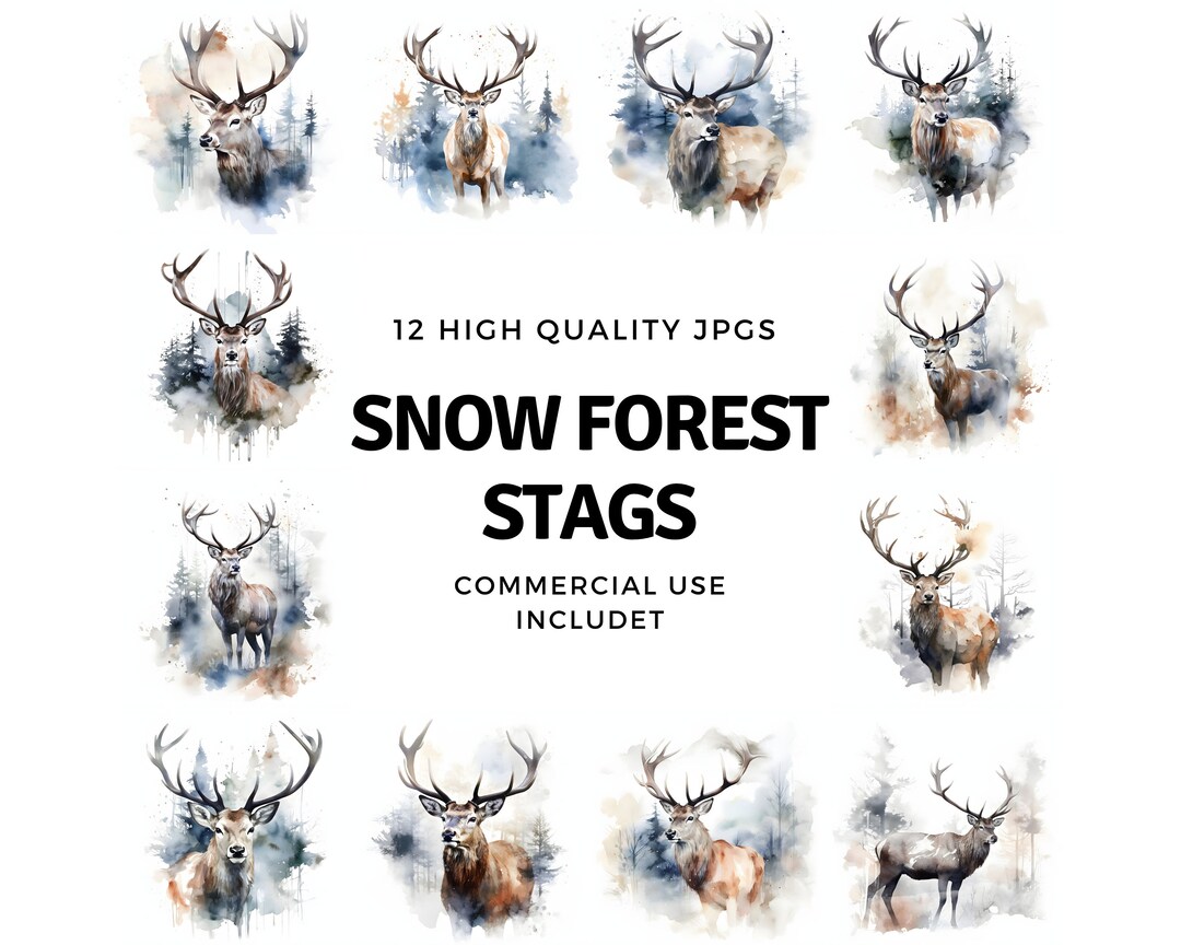 Snow Forest Stag Clipart - 12 High Quality Jpgs - Instant Download ...